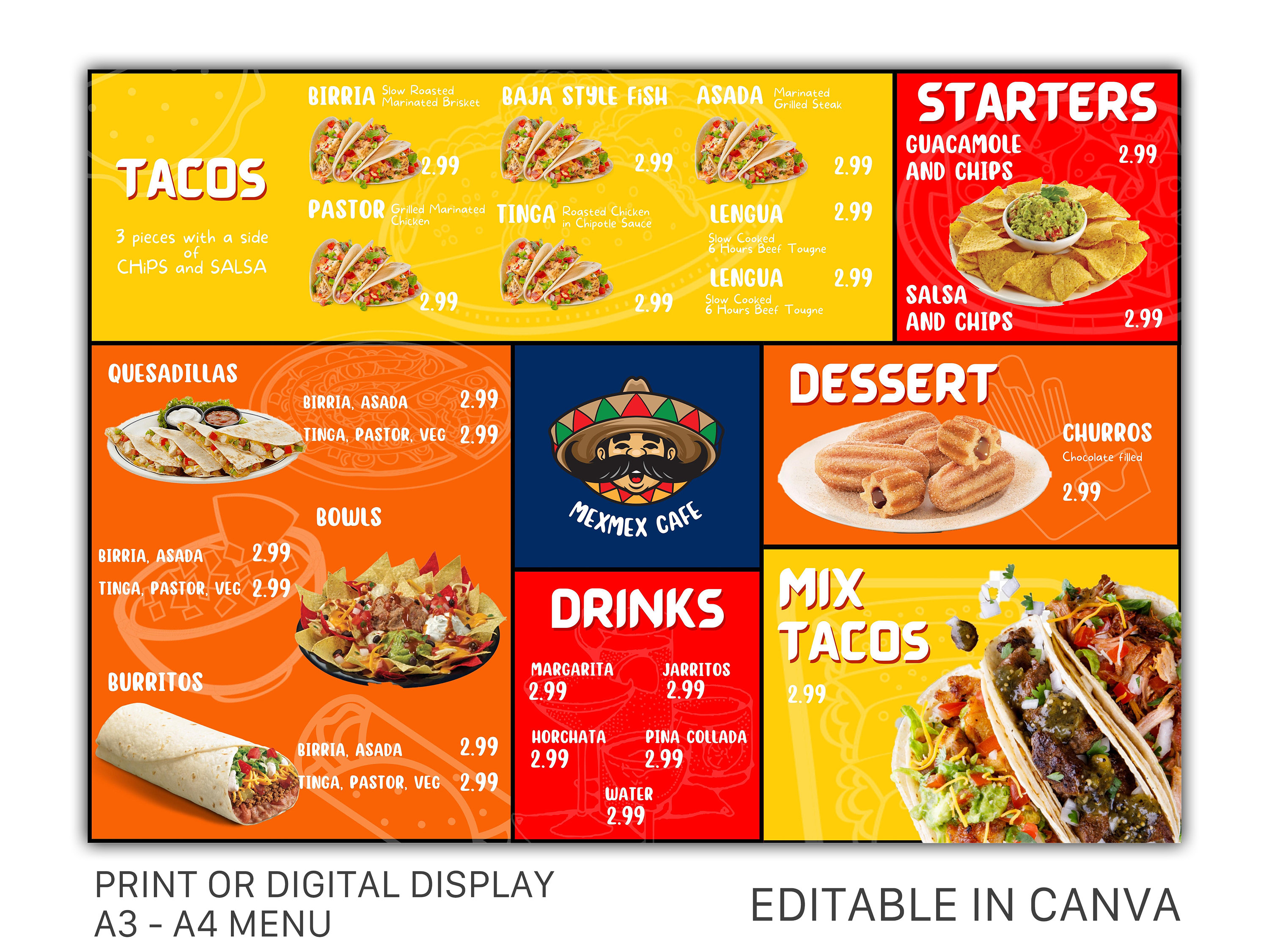 Editable Mexican Food Menu Template for Canva, Vibrant and Delicious ...