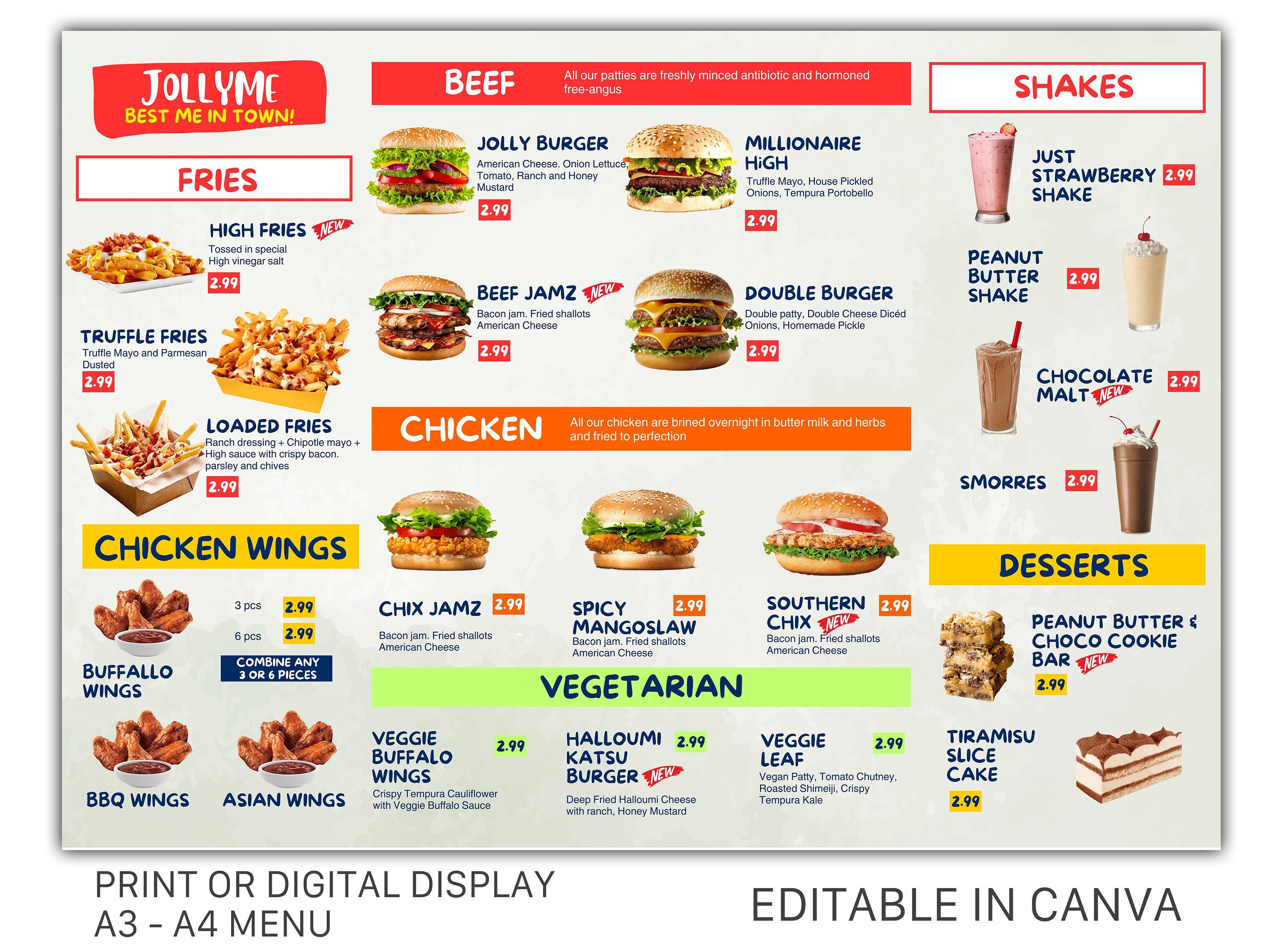 Burger and Fries Food Menu Editable Canva for Restaurant Desserts, Food ...