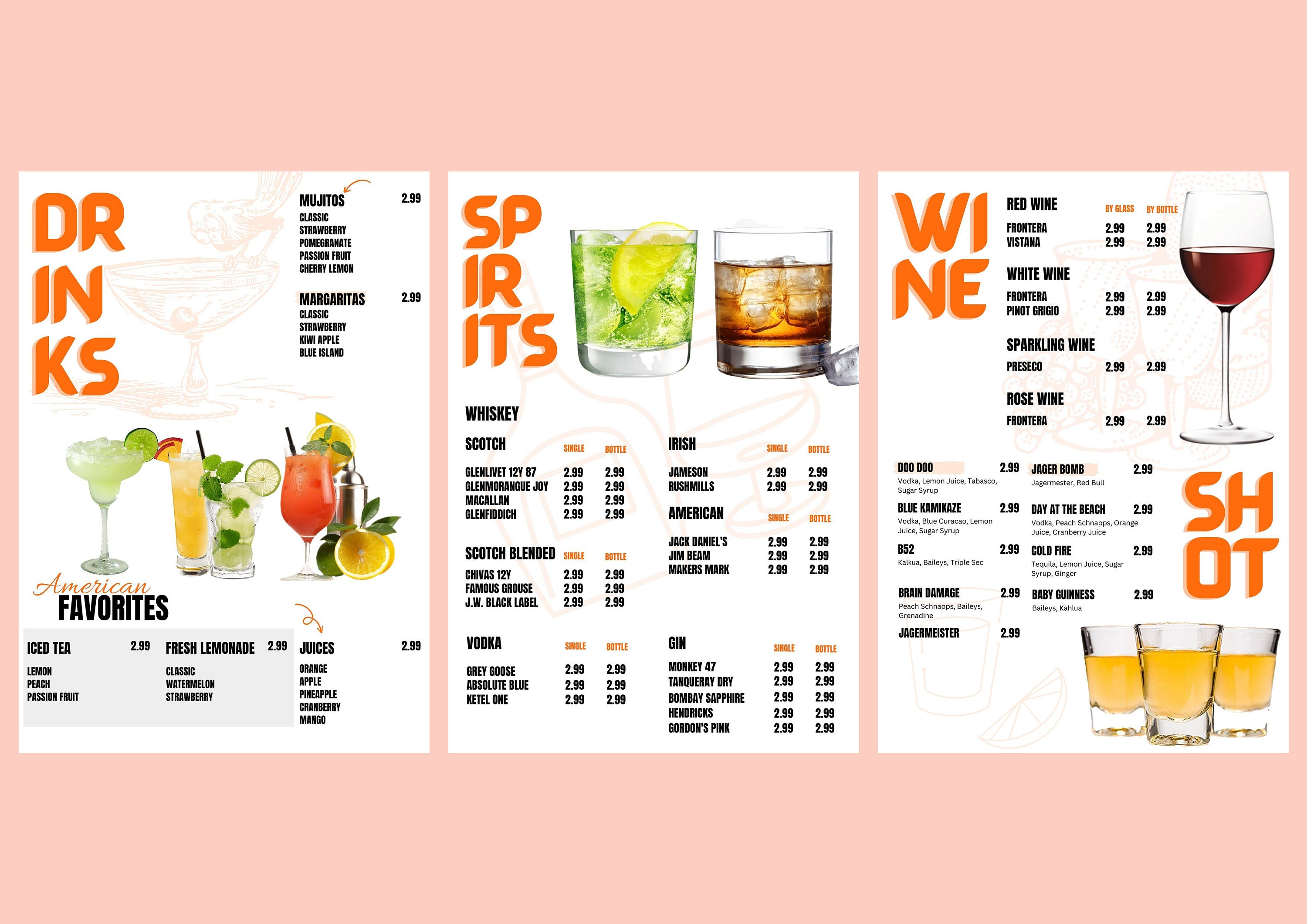 Bar Menu Template, Modern Editable Drink Menu Canva Template, Minimalist Printable Bar Menu ...