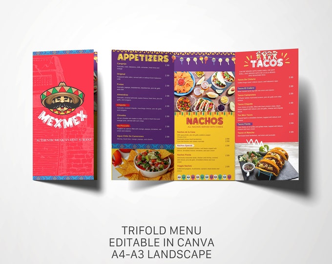 Editable Mexican Food Tri Fold Menu Template for Canva, Vibrant and ...