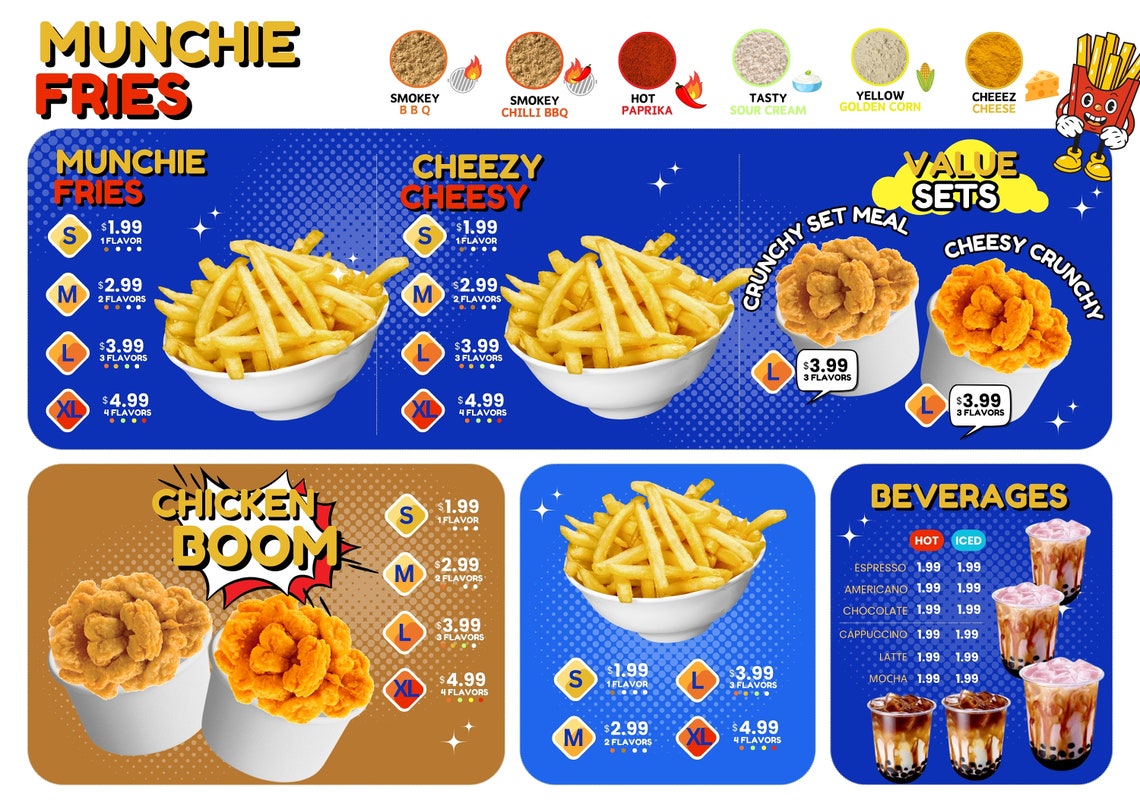 Editable Chicken and Fries Food Menu Template for Canva, Vibrant and ...