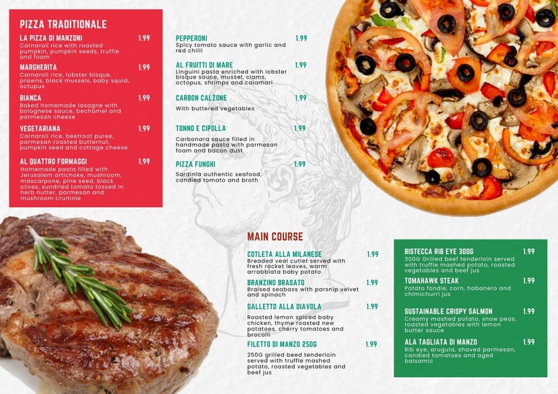 Italian Food Menu Editable Canva for Restaurant Italy Pizza, Pasta and ...