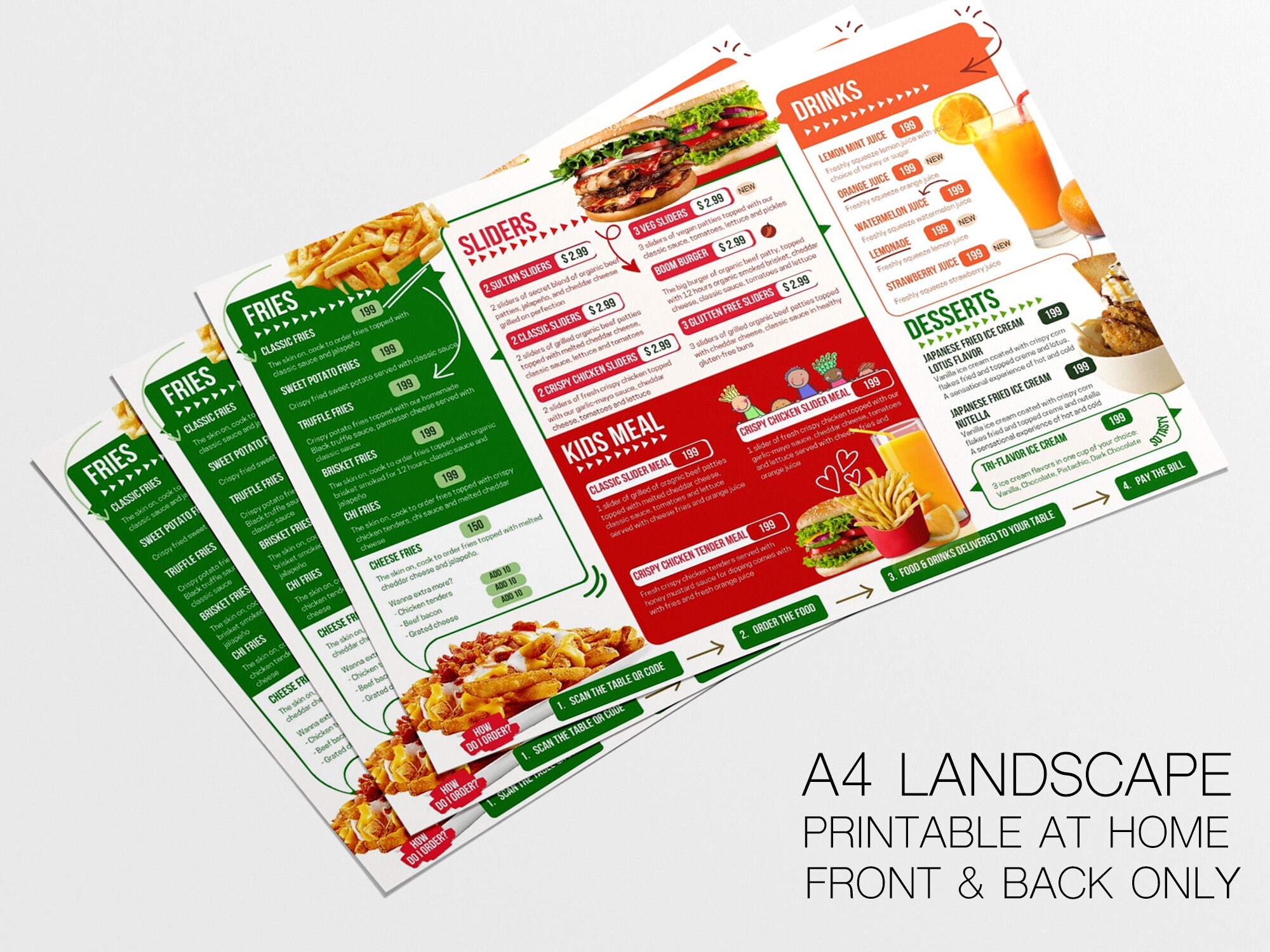 Burger and Fries Food Menu Editable Canva for Restaurant Desserts, Food ...