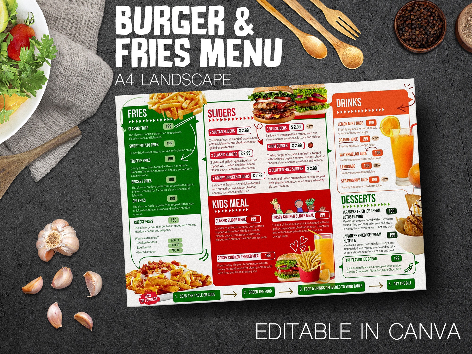 Burger and Fries Food Menu Editable Canva for Restaurant Desserts, Food ...
