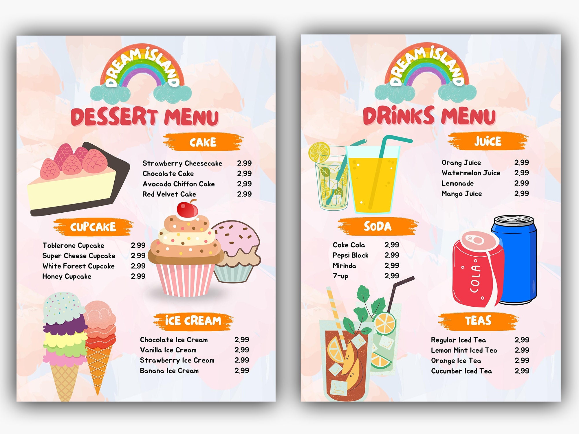 Dessert Menu Template Canva, the Dessert Sign, A4, A5, A3, A0 Portrait ...