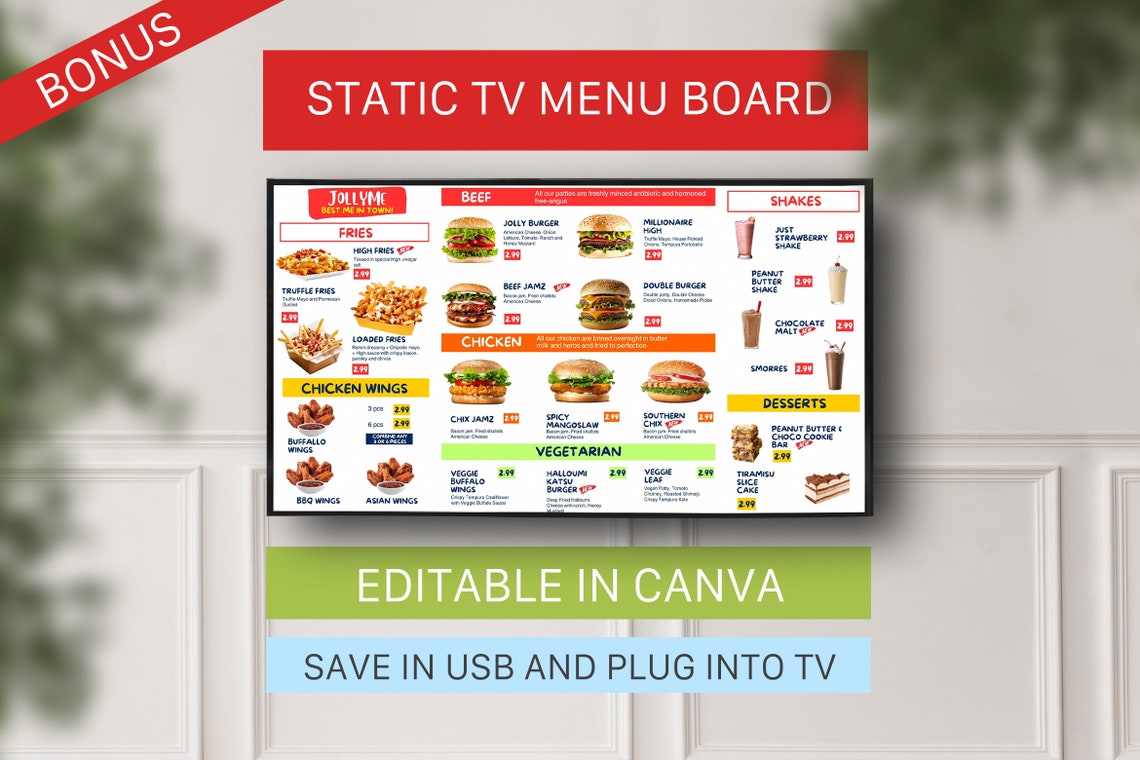 Burger and Fries Food Menu Editable Canva for Restaurant Desserts, Food ...