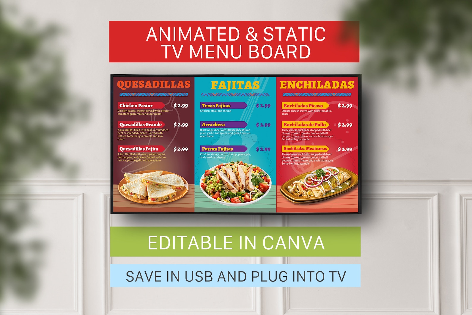 Mexican Menu Bundle Printable A4 A3 Restaurant Menu + Digital TV Menu ...