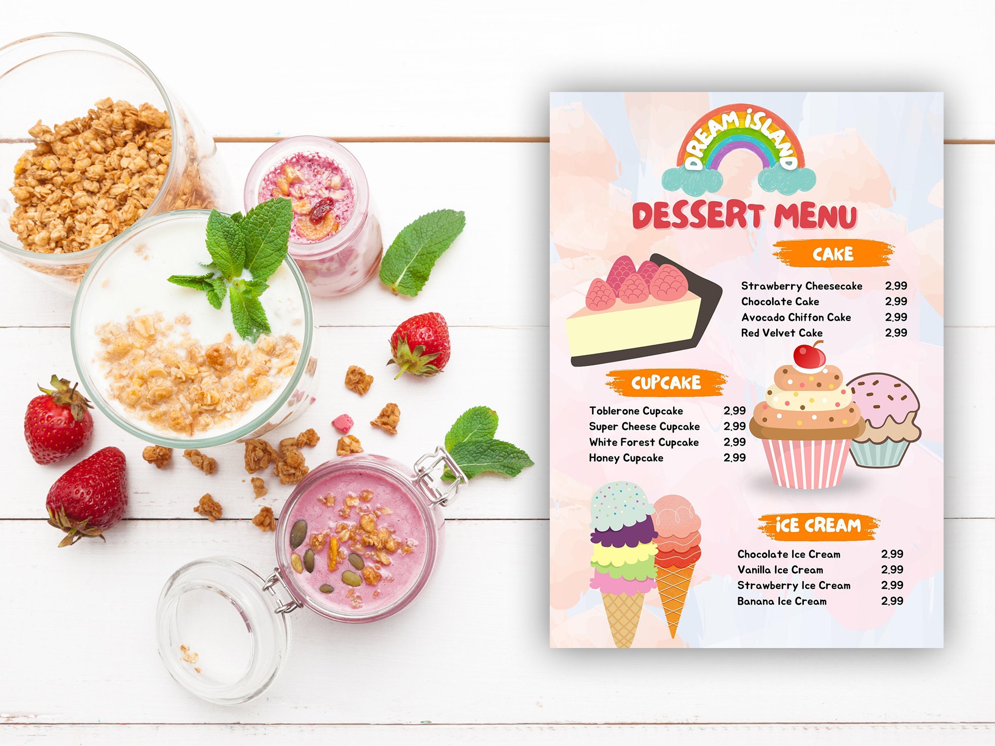 Dessert Menu Template Canva, the Dessert Sign, A4, A5, A3, A0 Portrait ...