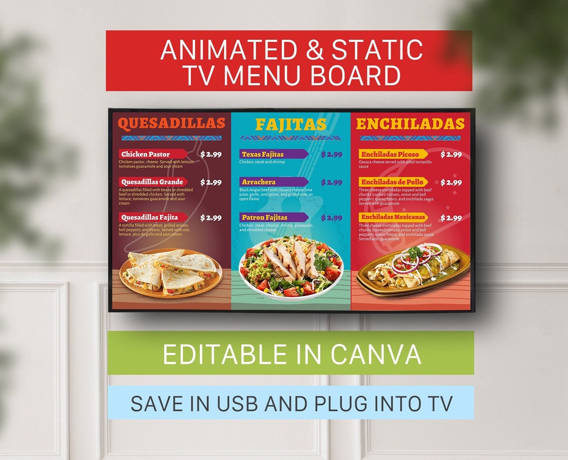 Mexican TV Menu Board for Restaurant Digital Menu Board Menu Screen ...