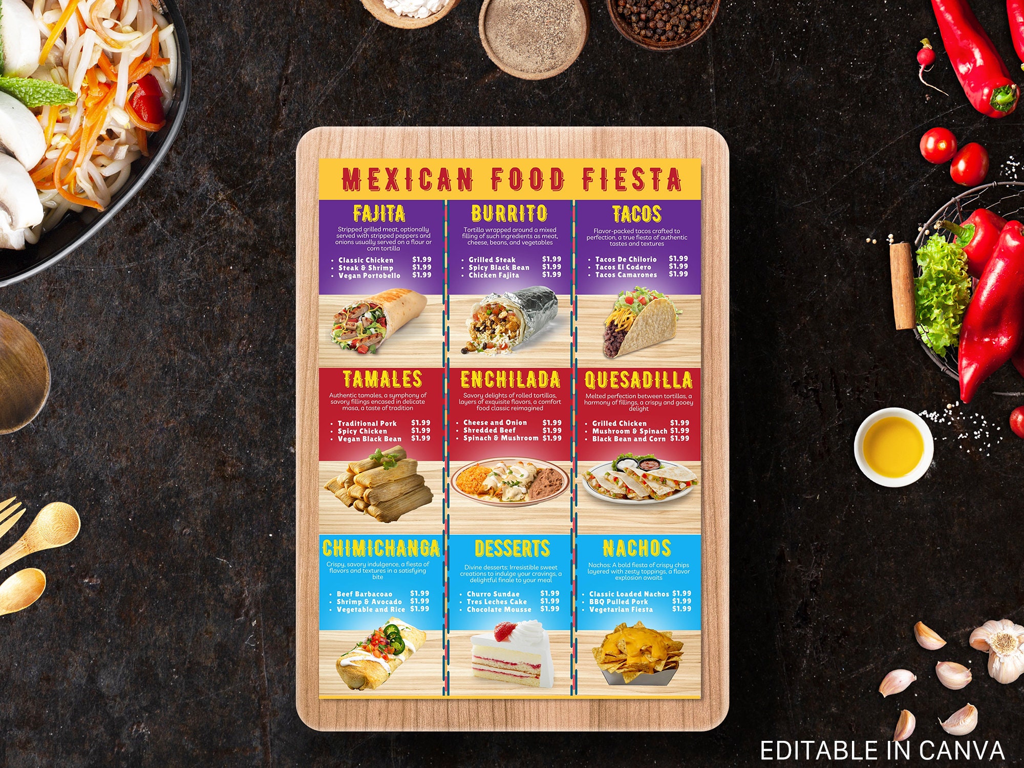 Editable Mexican Food Menu Template for Canva, Vibrant and Delicious ...