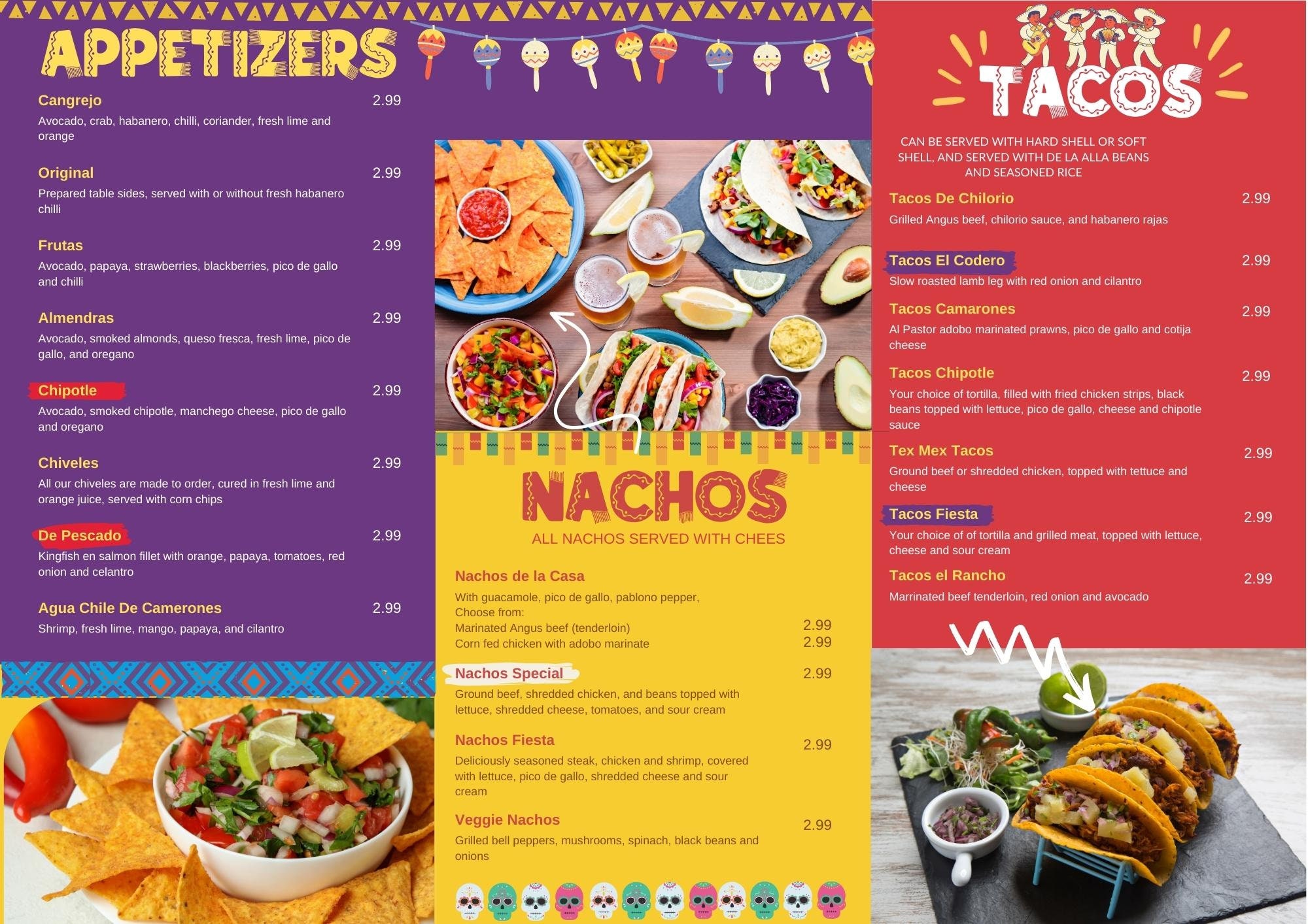 Editable Mexican Food Tri Fold Menu Template for Canva, Vibrant and ...