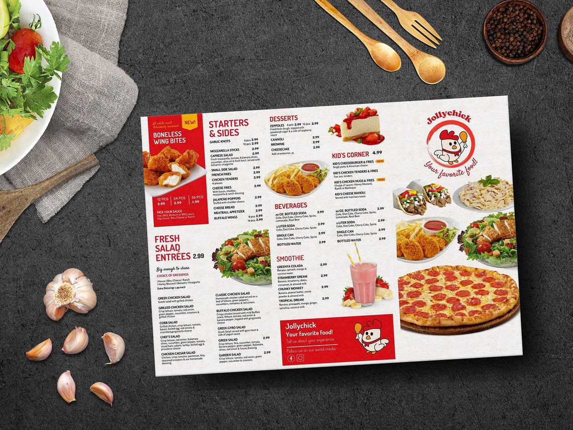 Editable Trifold Food Menu Template for Canva Vibrant and Delicious for ...