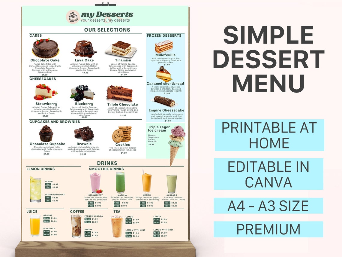 Dessert Menu Template Canva, the Dessert Sign, A4, A5, A3, A0 Portrait ...