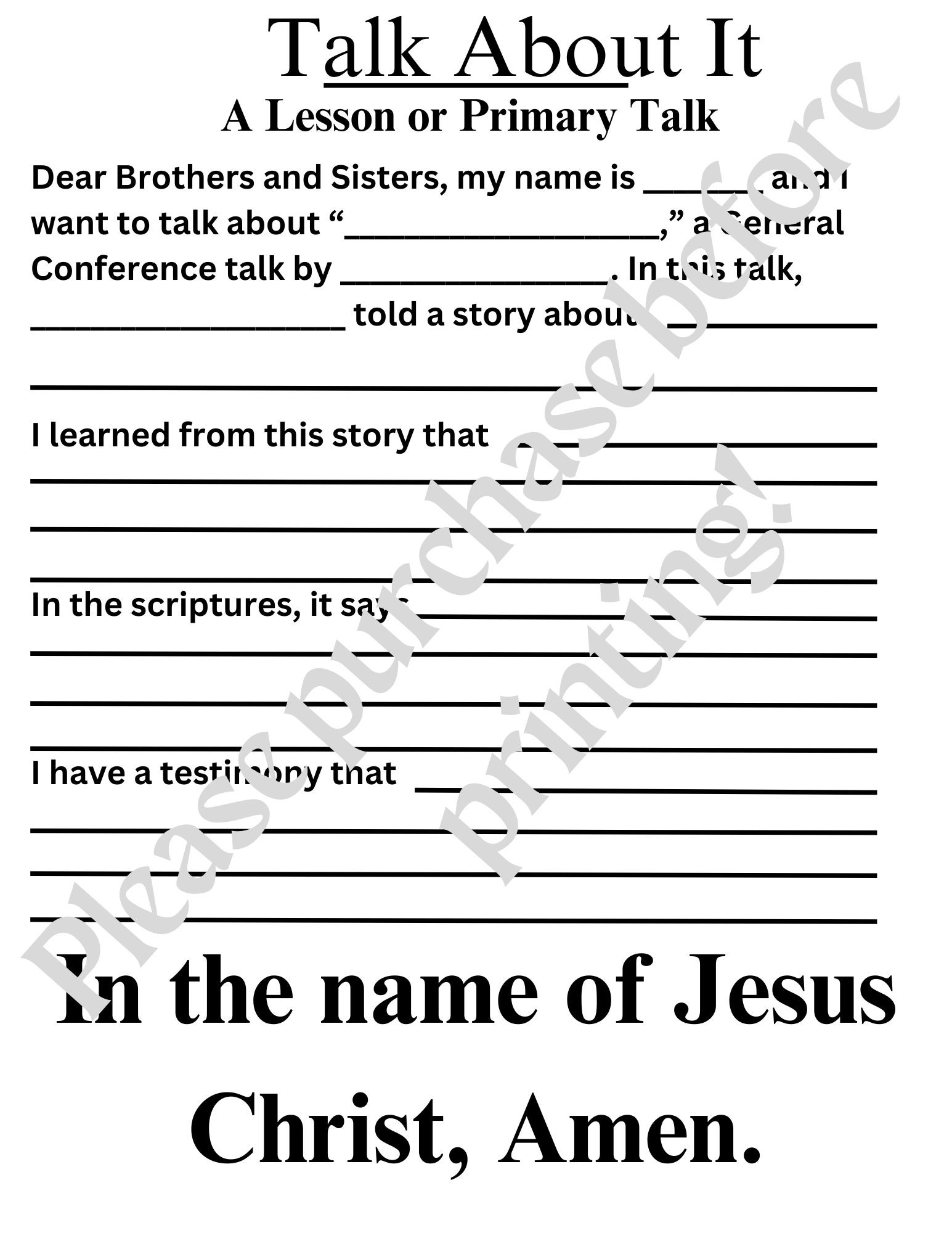Primary or FHE Talk Outline - Etsy
