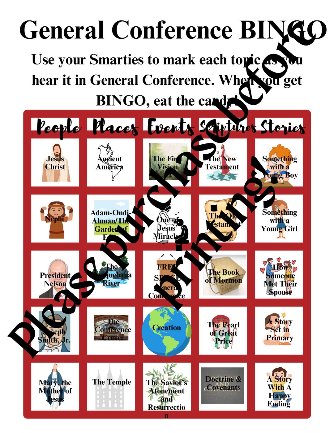 General Conference Bingo Card (smarties Not Included) - Etsy