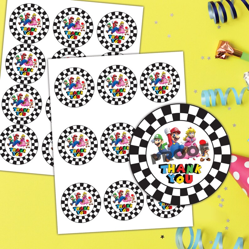 PRINTABLE Mario Racing Thank You Circle Sticker Labels Tags - Etsy