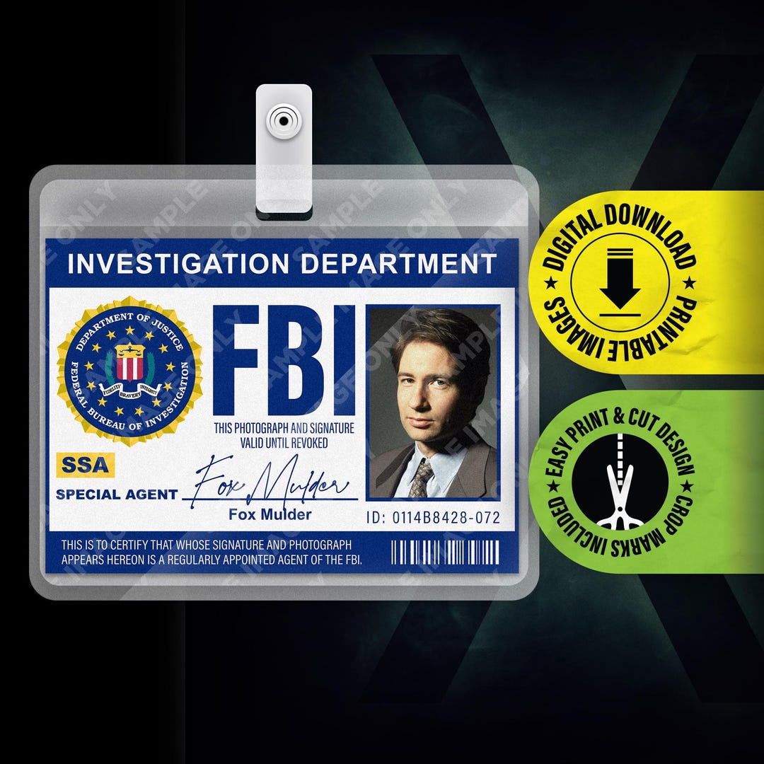 PRINTABLE FBI X Files Special Agent Fox Mulder Card Badge, TV Show, Name Tag, for Costume ...