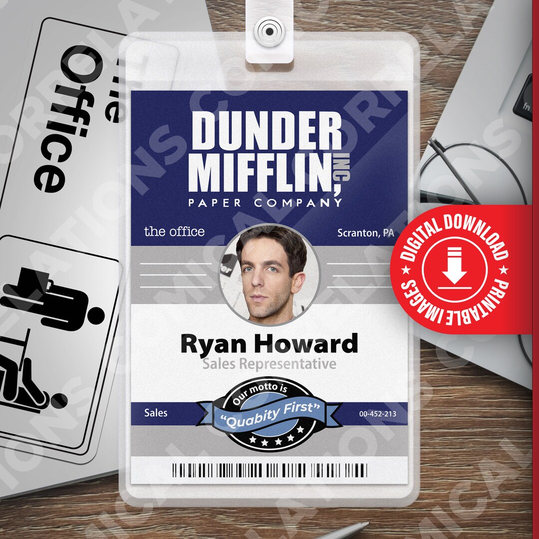 PRINTABLE the Office, Ryan Howard, Dunder Mifflin ID Card Badge, Name ...
