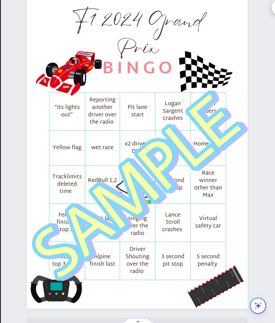 F1 2024 Season Bingo Card digital Download - Etsy