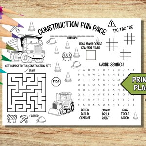 Construction Party Kids Coloring Placemat Printable PDF Activity Mat ...