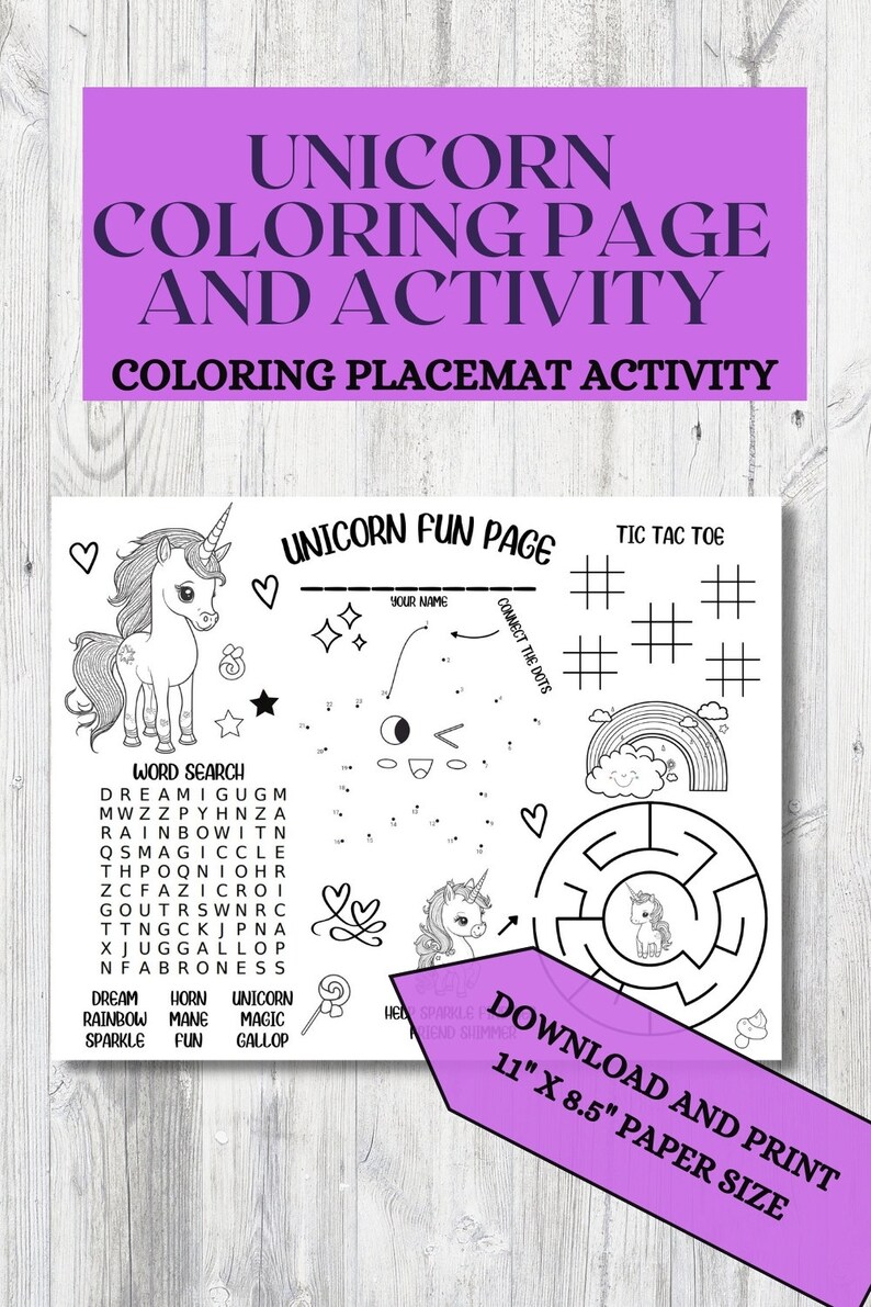 Unicorn Party Kids Coloring Placemat Printable PDF Activity Mat ...