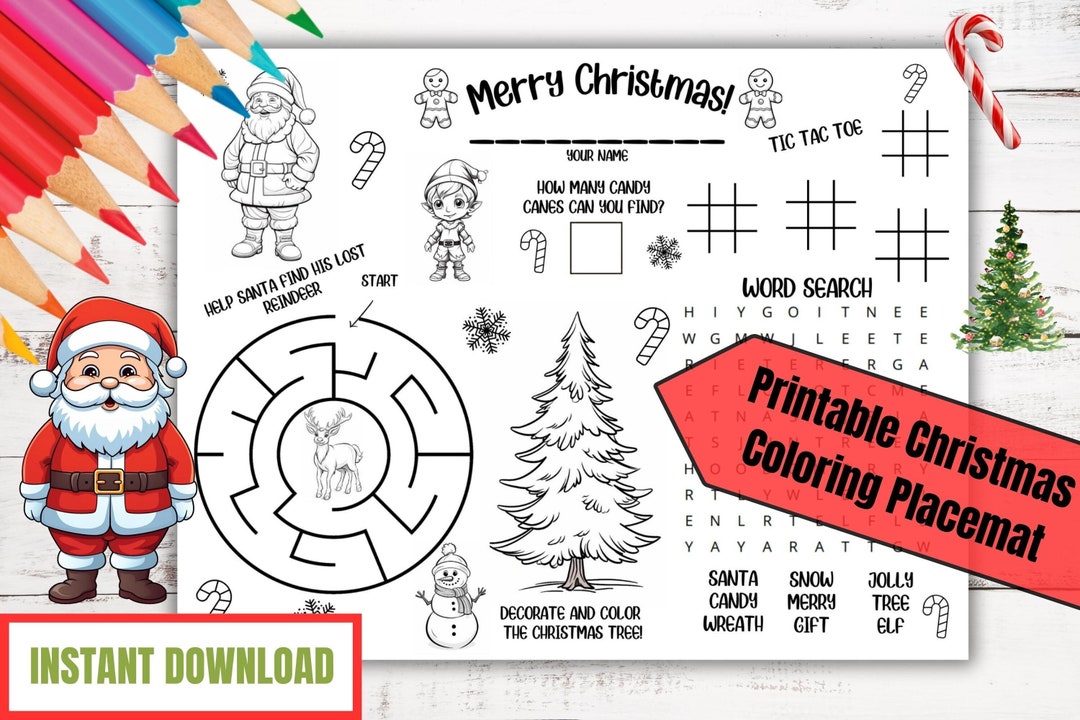 Christmas Kids Coloring Activity Mat Printable Coloring Page Placemat ...
