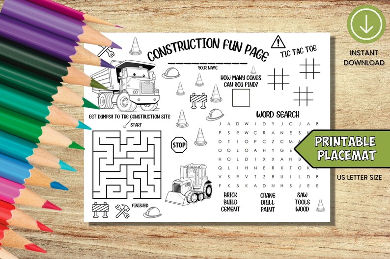 Construction Party Kids Coloring Placemat Printable PDF Activity Mat ...