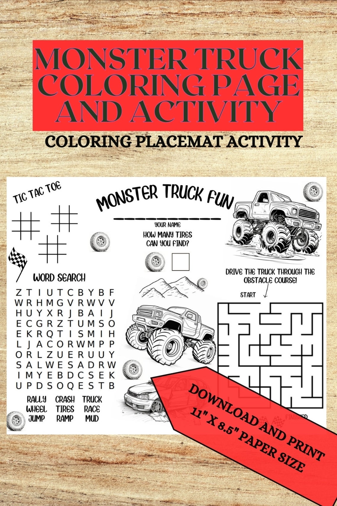 Monster Truck Party Kids Coloring Placemat Printable Activity Mat ...