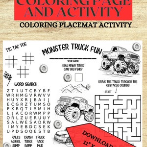 Monster Truck Party Kids Coloring Placemat Printable Activity Mat ...