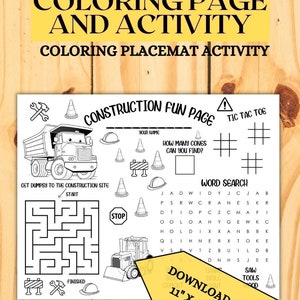 Construction Party Kids Coloring Placemat Printable PDF Activity Mat ...