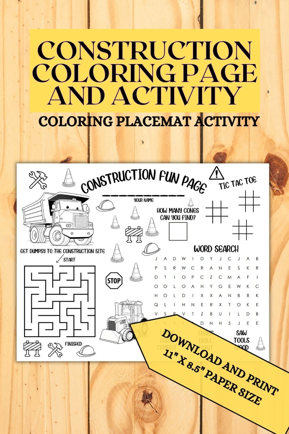 Construction Party Kids Coloring Placemat Printable PDF Activity Mat ...