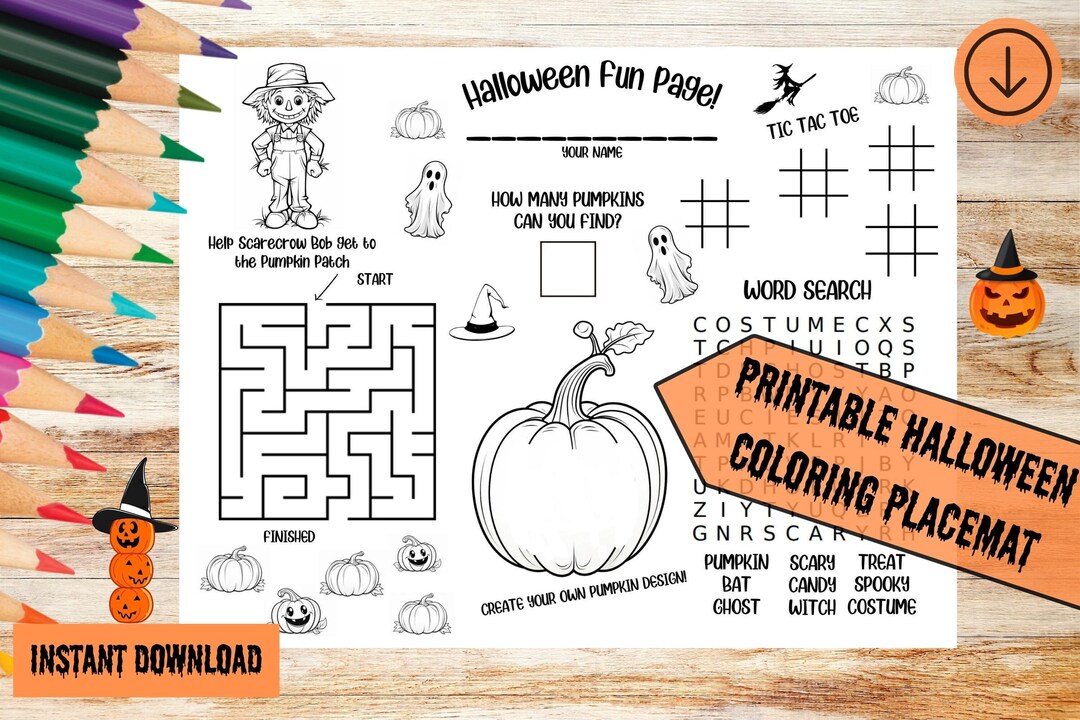 Halloween Coloring Placemat Printable PDF Kids Halloween Coloring Pages ...