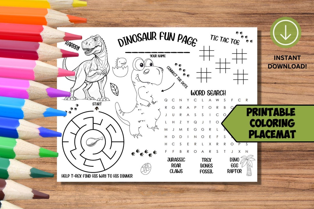 Dinosaur Kids Coloring Placemat Printable Dinosaur Birthday Party ...