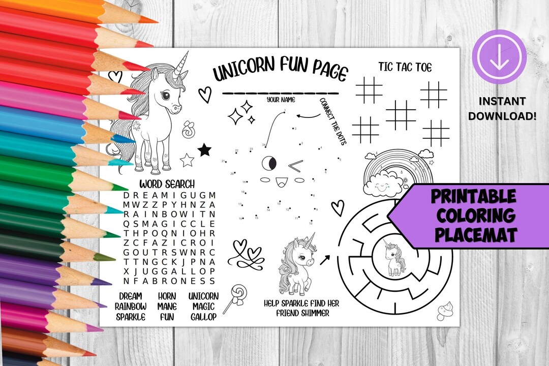 Unicorn Party Kids Coloring Placemat Printable PDF Activity Mat ...
