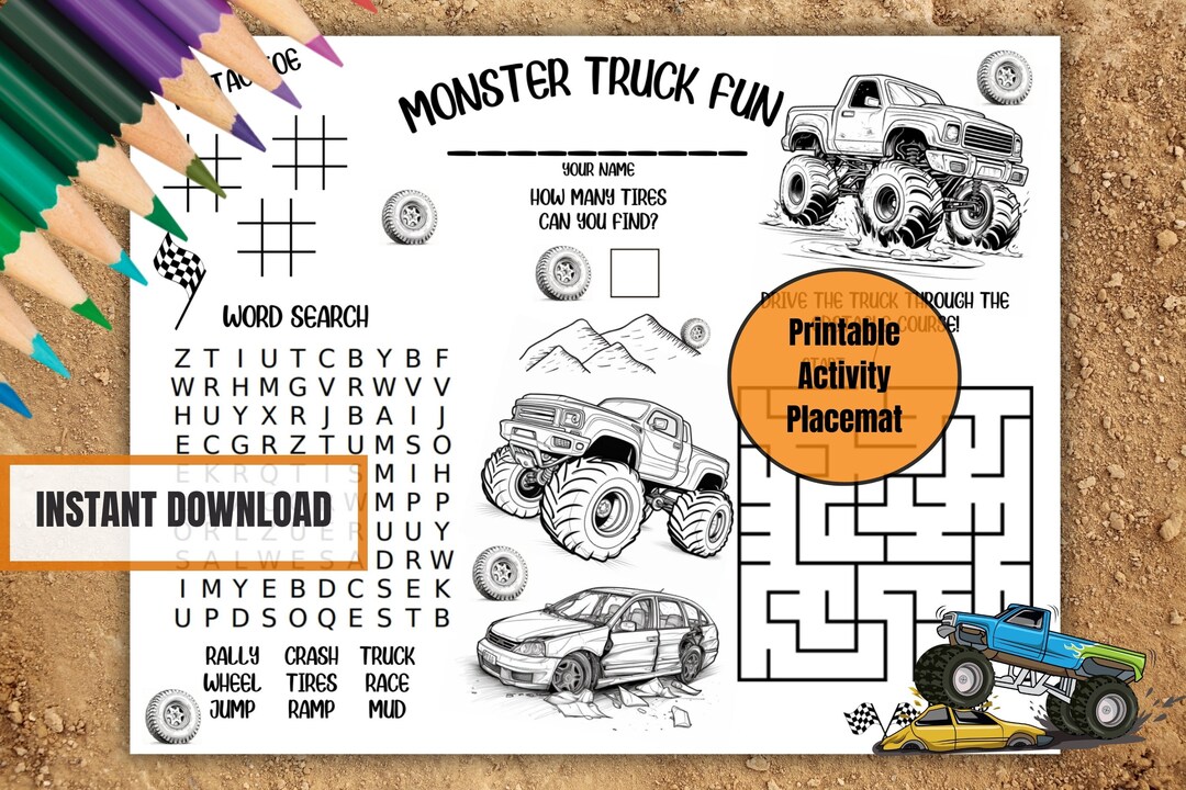 Monster Truck Party Kids Coloring Placemat Printable Activity Mat ...