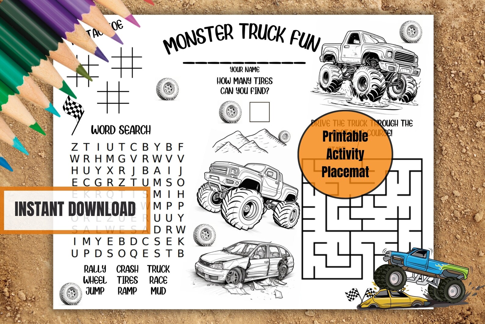 Monster Truck Party Kids Coloring Placemat Printable Activity Mat ...