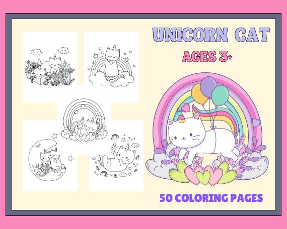 Unicorn Cat Coloring Pages for Kids Ages 3 50 PAGES Digital Download - Etsy