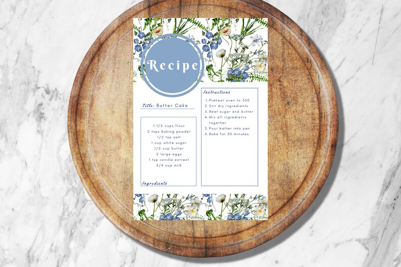 Editable Recipe Card Template | Blue Flower Recipe Card | Digital Print ...