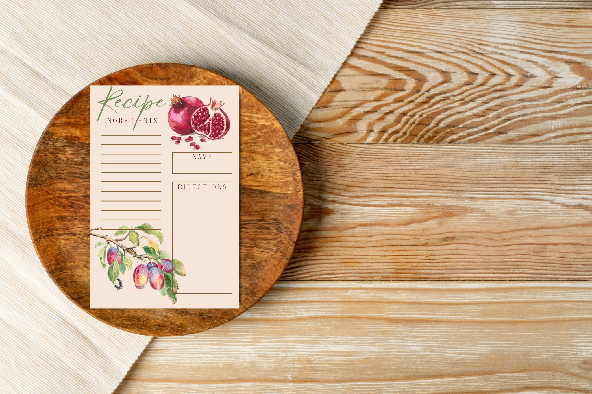 Editable Recipe Card Template Fruit Recipe Card Pomegranate Digital ...