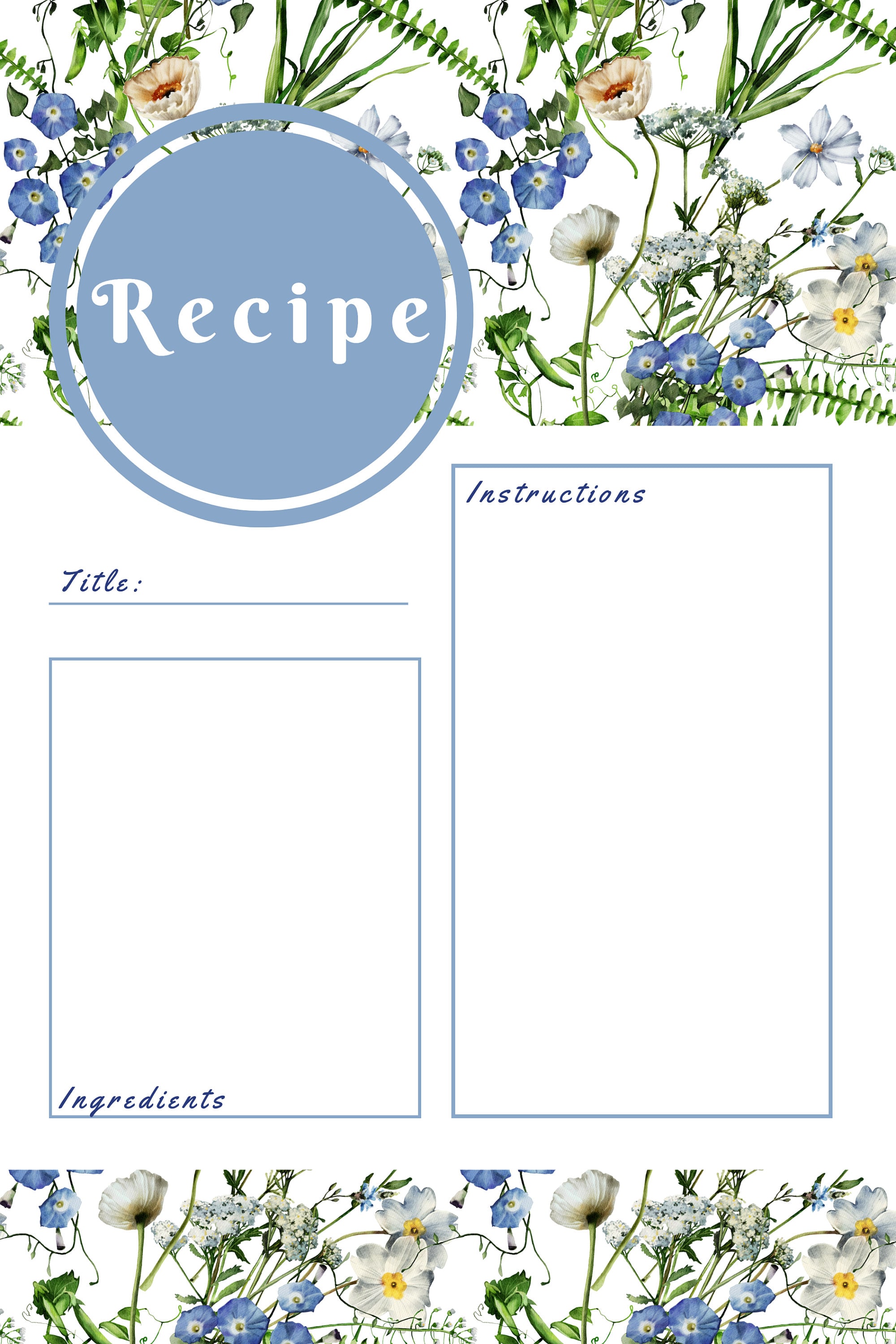 Editable Recipe Card Template | Blue Flower Recipe Card | Digital Print ...