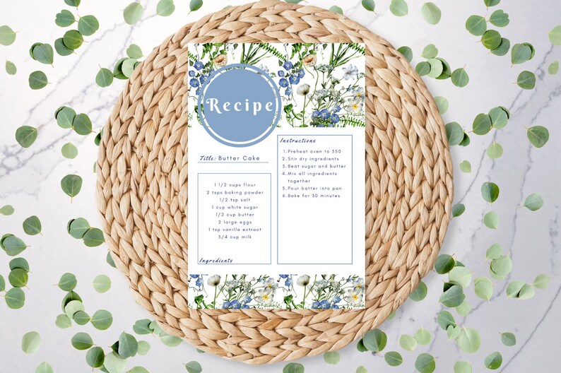 Editable Recipe Card Template | Blue Flower Recipe Card | Digital Print ...