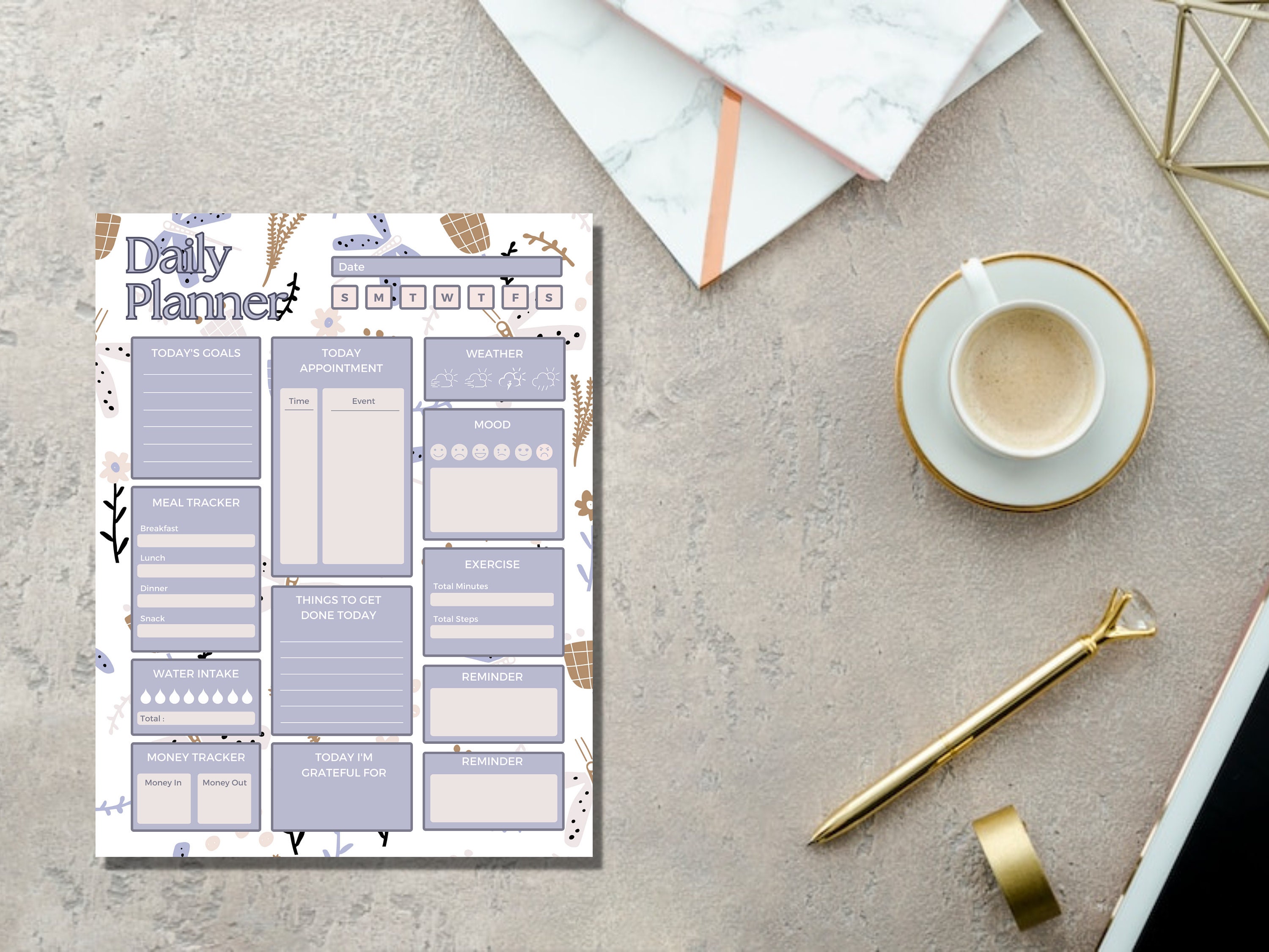 Digital Printable Floral Daily Planner Schedule | Downloadable Planner ...