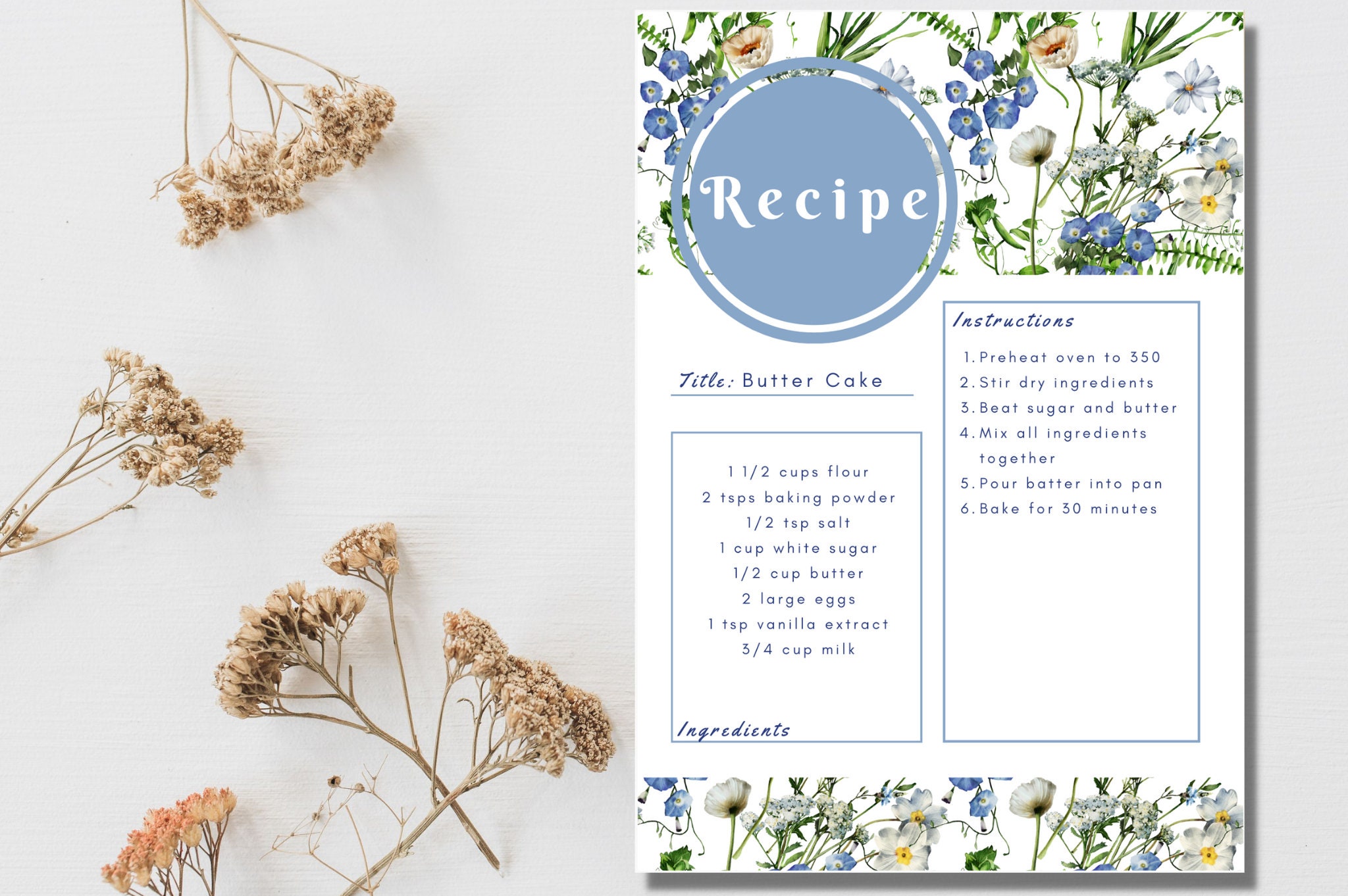 Editable Recipe Card Template | Blue Flower Recipe Card | Digital Print ...