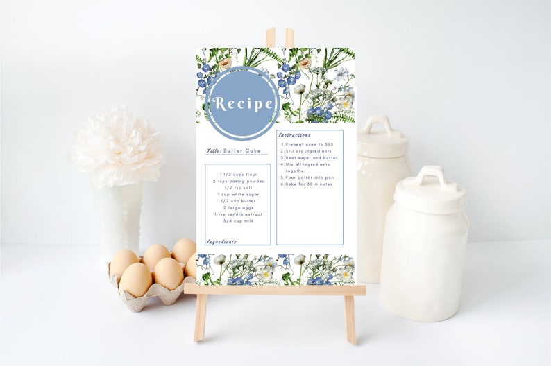 Editable Recipe Card Template | Blue Flower Recipe Card | Digital Print ...