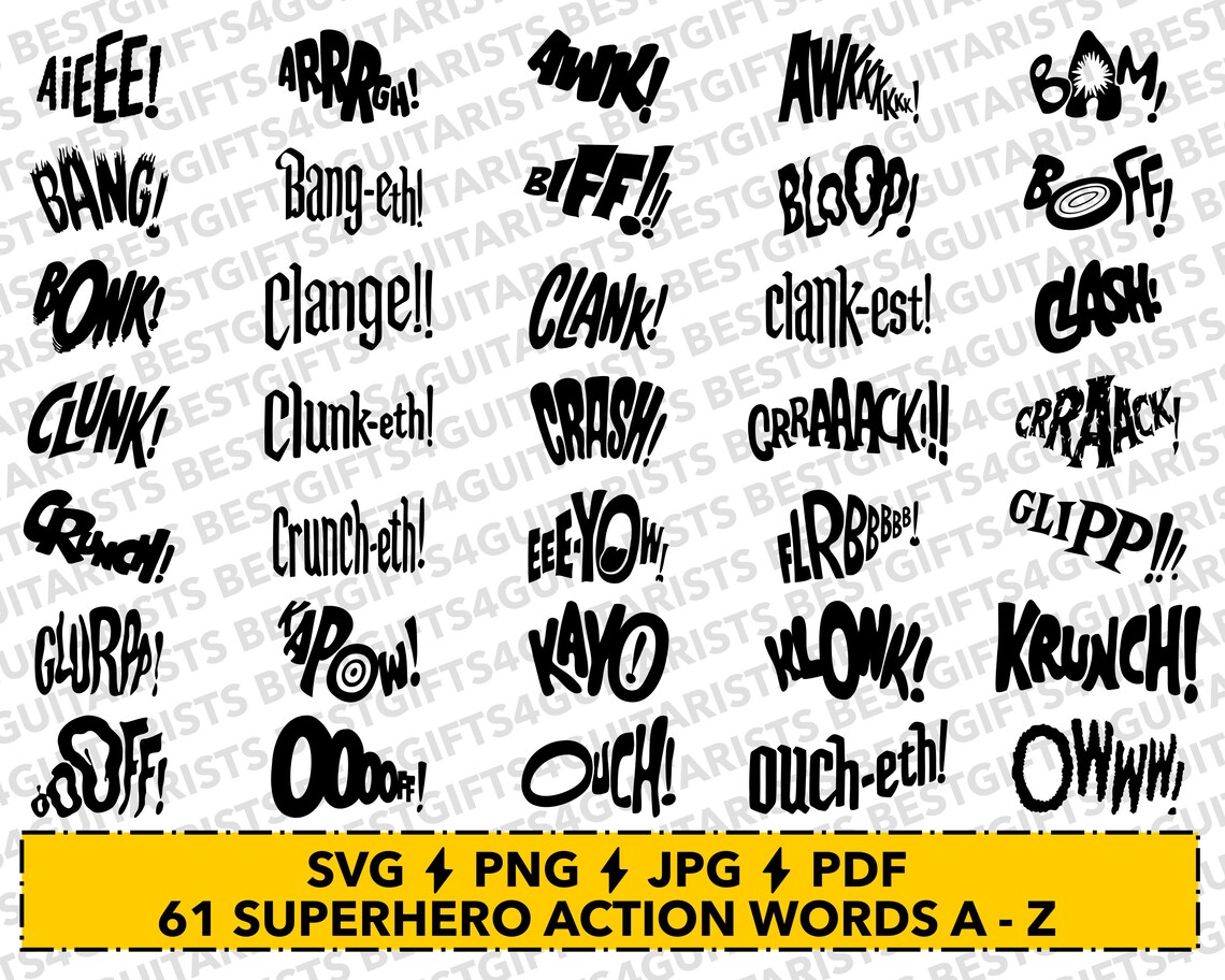 Superhero Action Words SVG Bundle, Comic Book Words Svg, Png, Jpg, Pdf ...