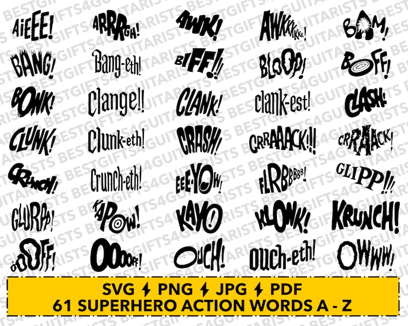 Superhero Action Words SVG Bundle, Comic Book Words Svg, Png, Jpg, Pdf ...