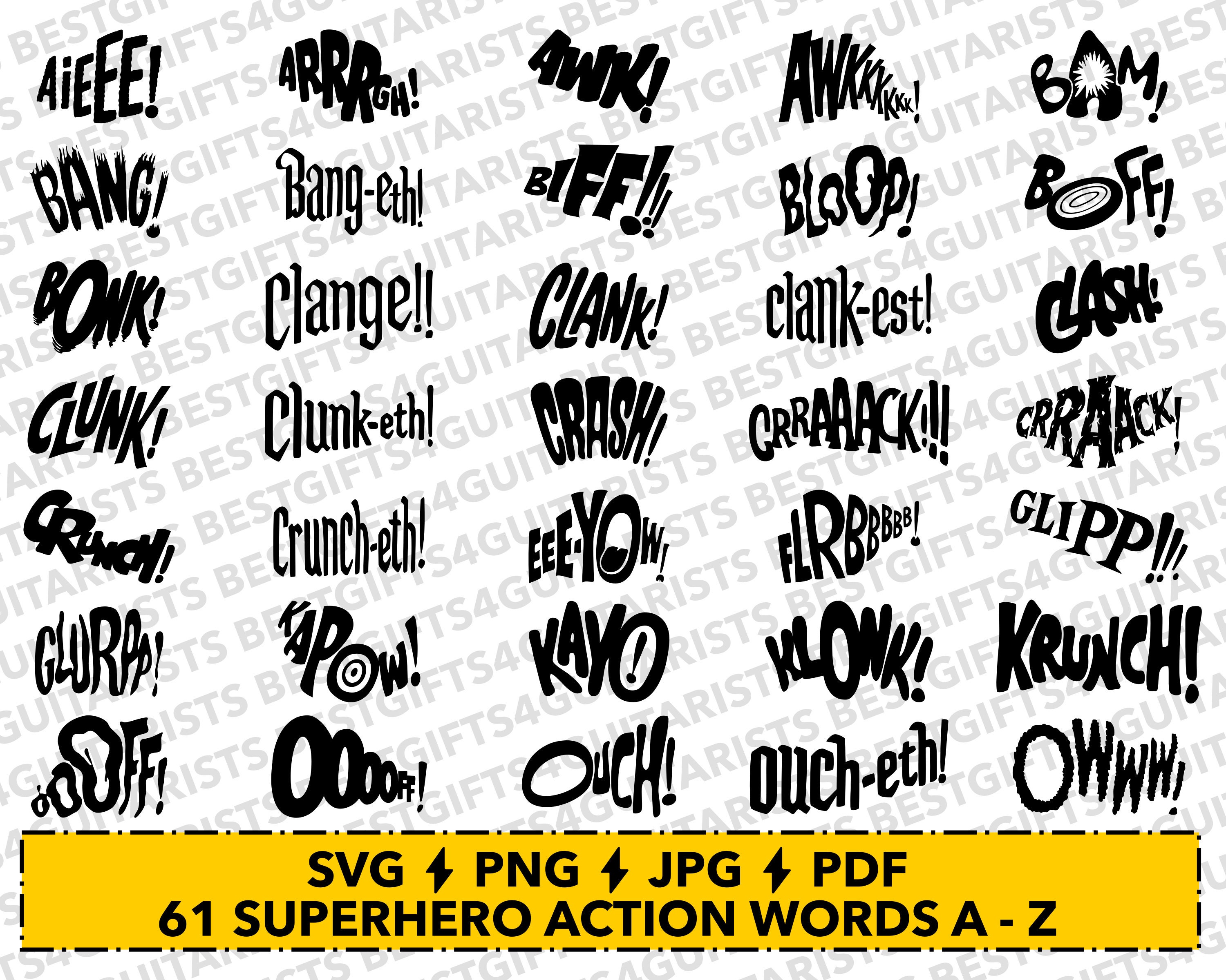 Superhero Action Words SVG Bundle, Comic Book Words Svg, Png, Jpg, Pdf ...