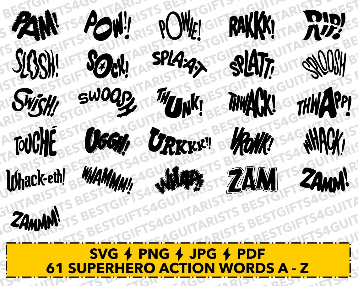 Superhero Action Words SVG Bundle, Comic Book Words Svg, Png, Jpg, Pdf Superhero Phrases, Comic ...