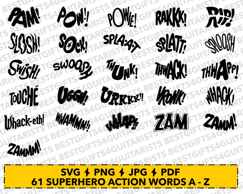 Superhero Action Words SVG Bundle, Comic Book Words Svg, Png, Jpg, Pdf ...