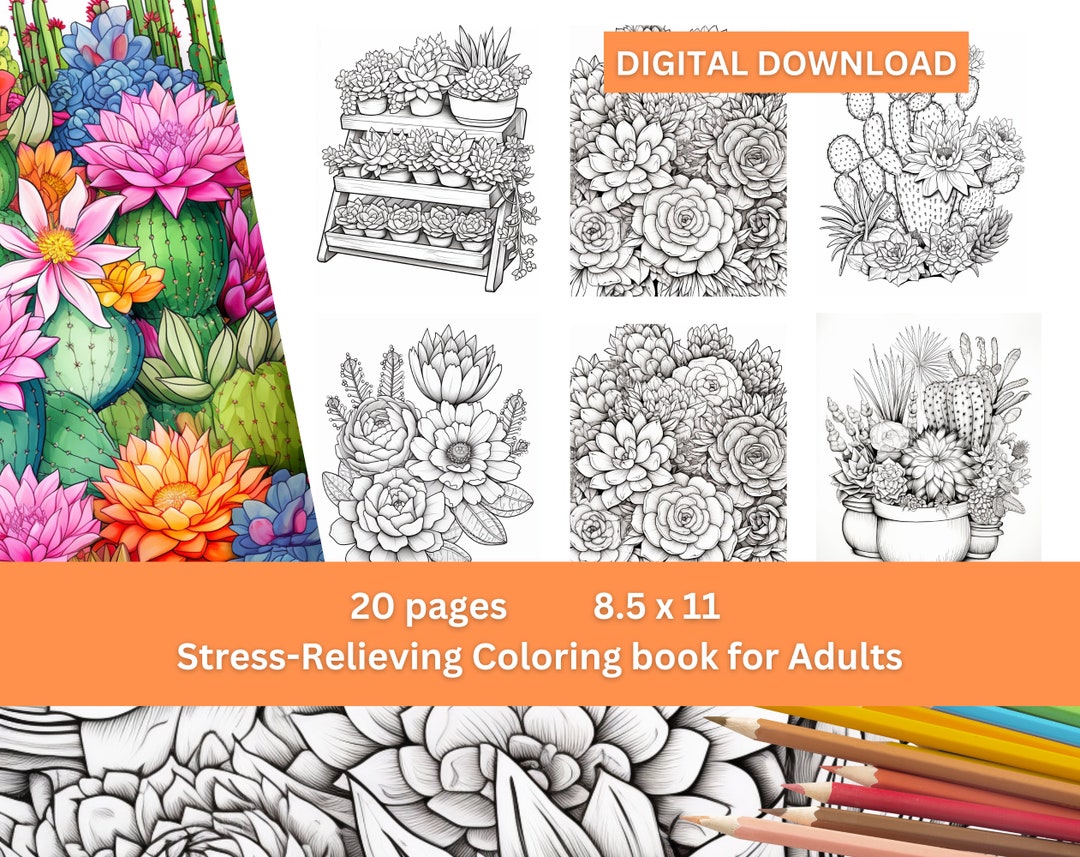 Succulents Stress Relieving Coloring Book Pages for Adults + Kids, 20 ...